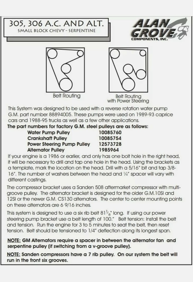 Alan Grove 306 Bracket Kit Set Alternator A/C Air Compressor SBC LWP 87 ...