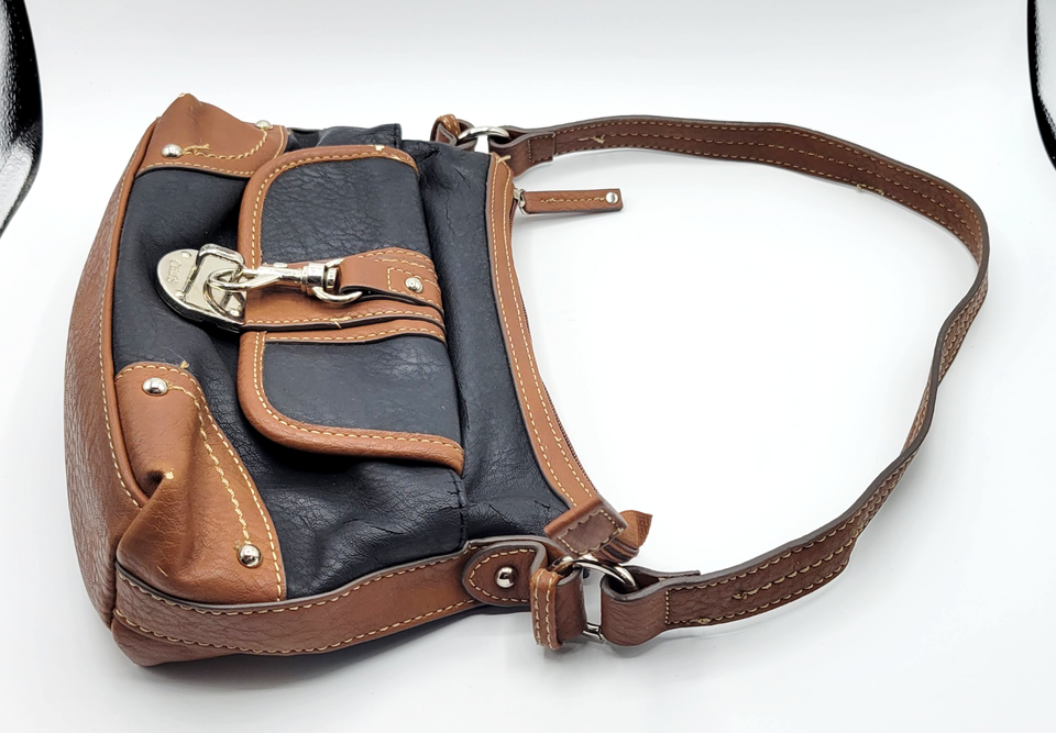 Chaps Handbag Shoulder Bag Purse Faux Leather Tan Brown & Black W/ Pink ...