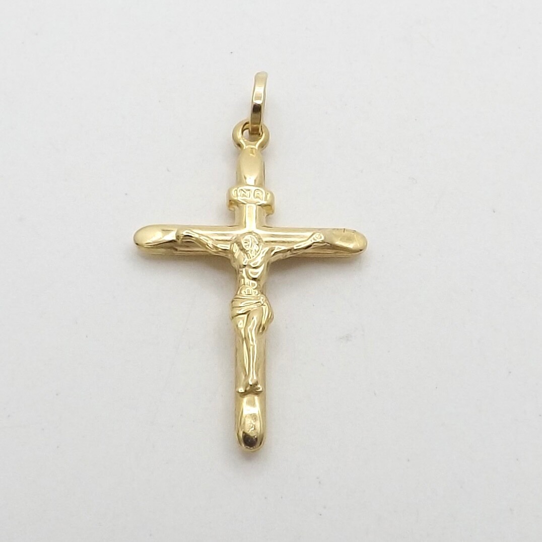 14k Gold Tubular Crucifix Cross Charm Pendant Italy - Gem