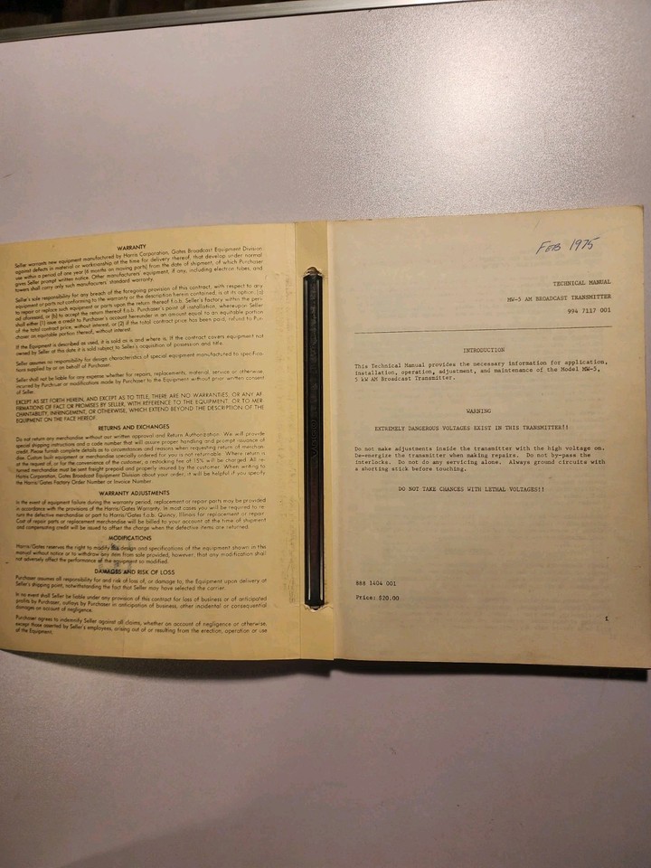Harris MW-5, AM Medium Wave, Broadcast Transmitter Technical Manual | eBay