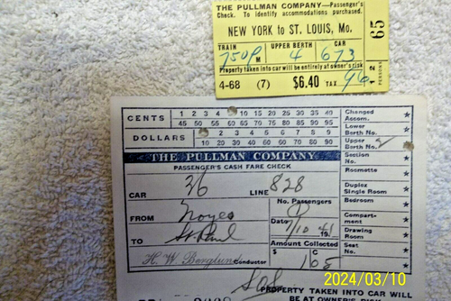 PULLMAN RAILROAD THE PULLMAN COMPANY Train Car Seat Ticket Stub PAIR ...