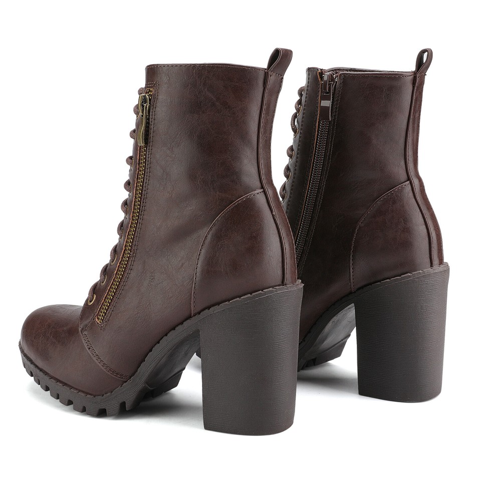 Women Lace Up Ankle Boots Chunky Block High Heel Combat Booties Shoes ...