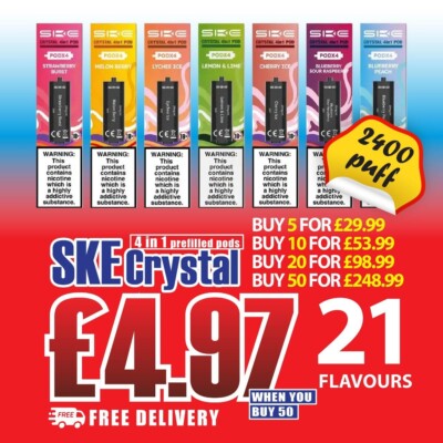 SKE Crystal 4 in 1 Pods Prefilled Vape 4 x 2ml Nic Salt 20mg 2400 Puff ...