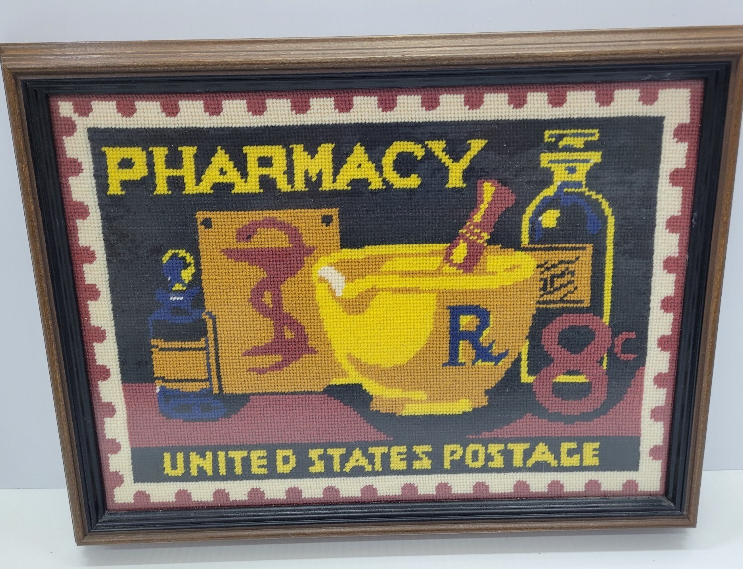 Vintage Handcrafted 8 Cent Pharmacy Postage Stamp Needlepoint Framed | eBay