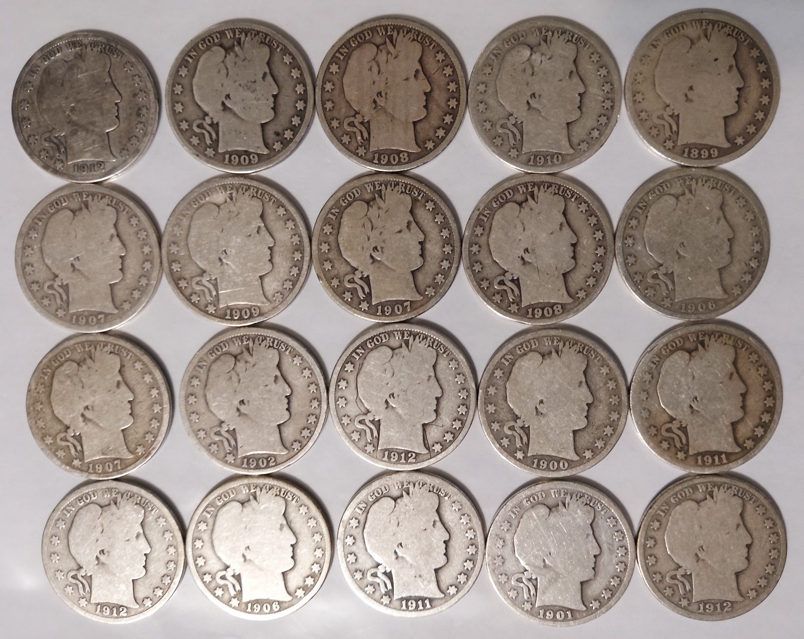Lot Roll of 20 90% Silver Barber Half Dollars Halves, Junk Silver | eBay