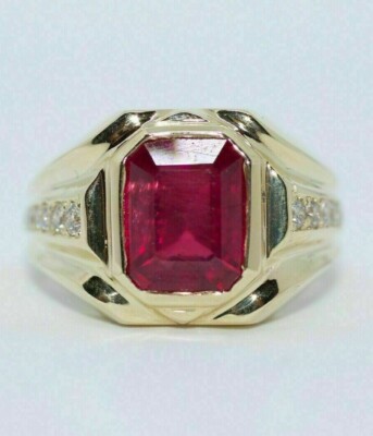 Festive Emerald Cut Natural Ruby & Diamond Men's Engagement Ring 14K ...