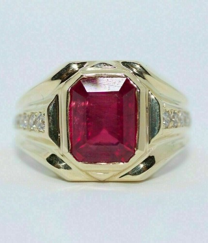 Festive Emerald Cut Natural Ruby & Diamond Men's Engagement Ring 14K ...