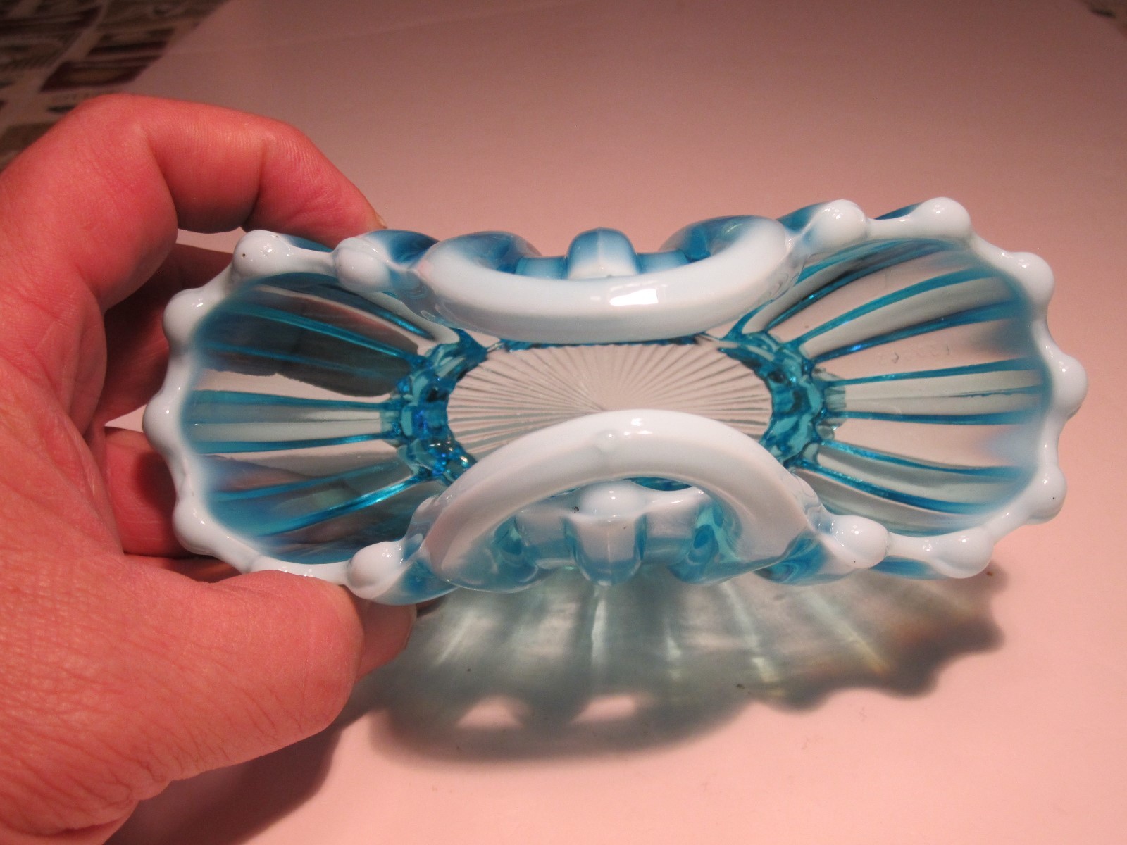 Antique Davidson Glass Co.Pinched Basket Ribbed Blue Opalescent ...