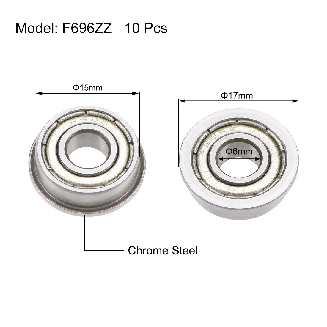 F696ZZ Flange Ball Bearing 6x15x5mm Shielded Chrome Bearings 10pcs ...