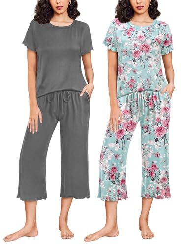 2 Pack: Women's Pajamas Set Short Sleeve Small 2pack- Rose Print & Grey ...