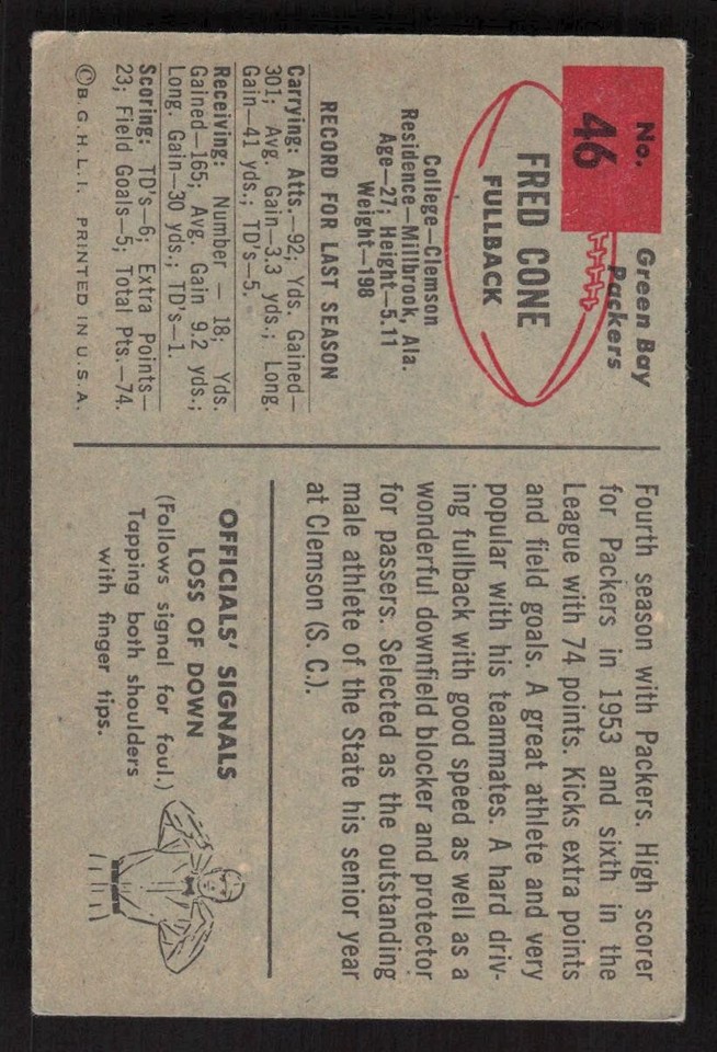 1954 BOWMAN FRED CONE 46 VG FOOTBALL GREEN BAY PACKERS | eBay