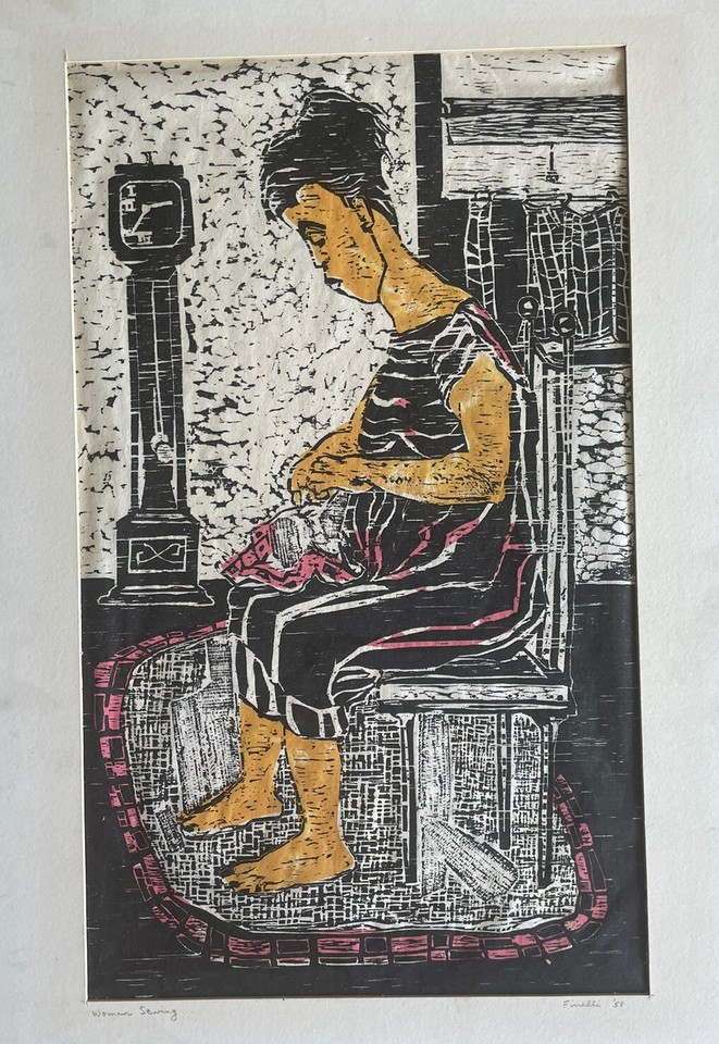 Pietro Finelli Woodcut 1958 Woman Sewing Italian Mid Century | eBay