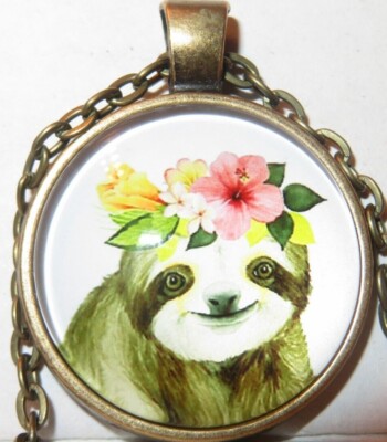 Adorable Hanging Sloth Flowers Glass Cabochon Handmade Necklace Bronze ...