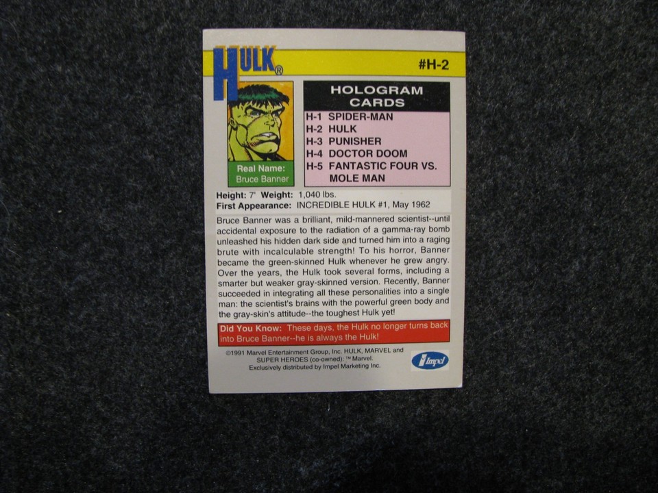 1991 Marvel Universe Hologram card Hulk number H2 H-2 - fair to good | eBay