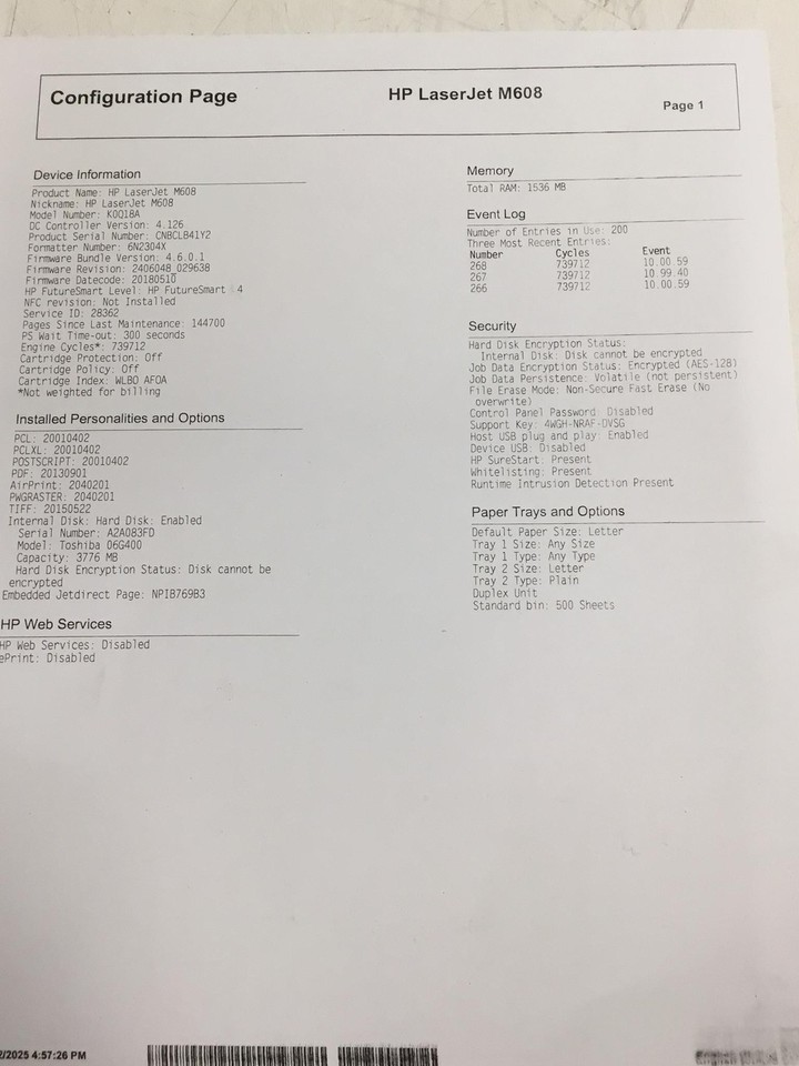 HP LASERJET M608 Enterprise Laser Printer w/Duplex, 701K PC, No Toner ...