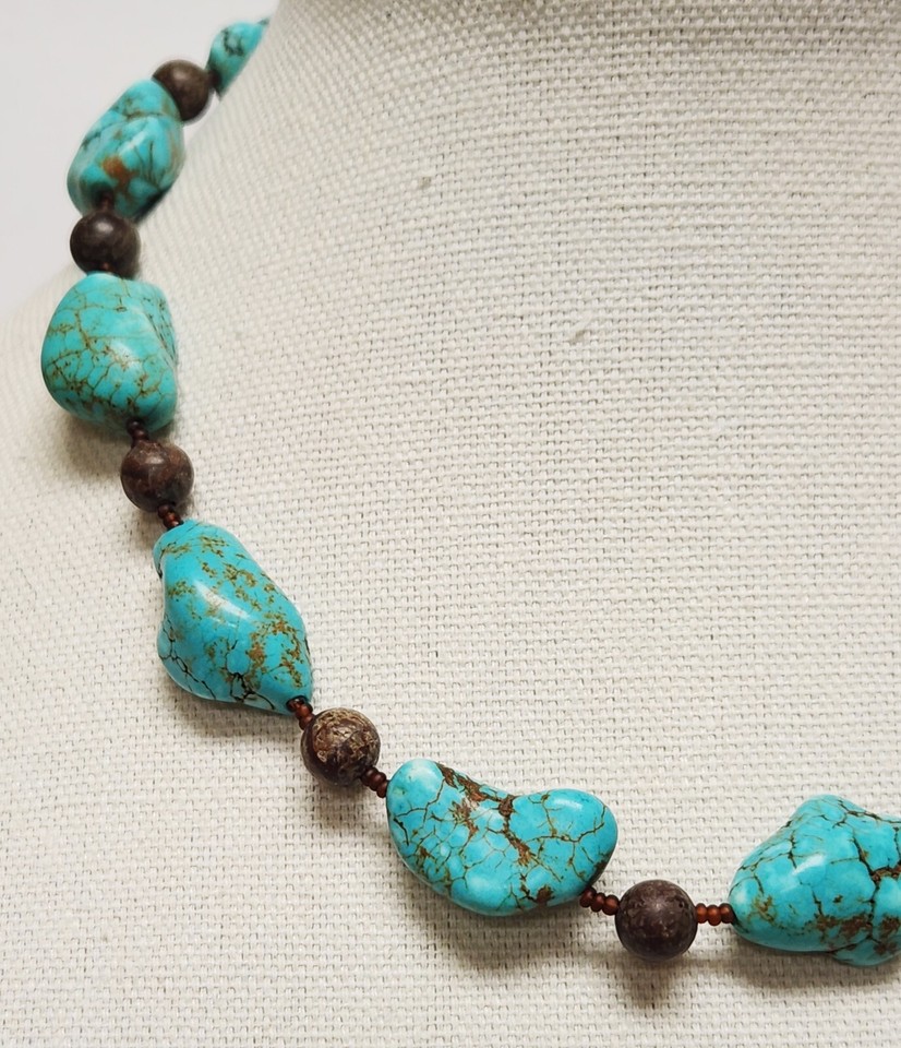 Turquoise Color Magnesite & Brown Stone Necklace 925 Sterling Silver ...