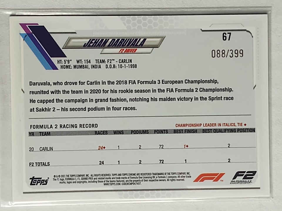 Jehan Daruvala 2021 Topps Chrome Formula 1 F1 Purple Refractor Card ...