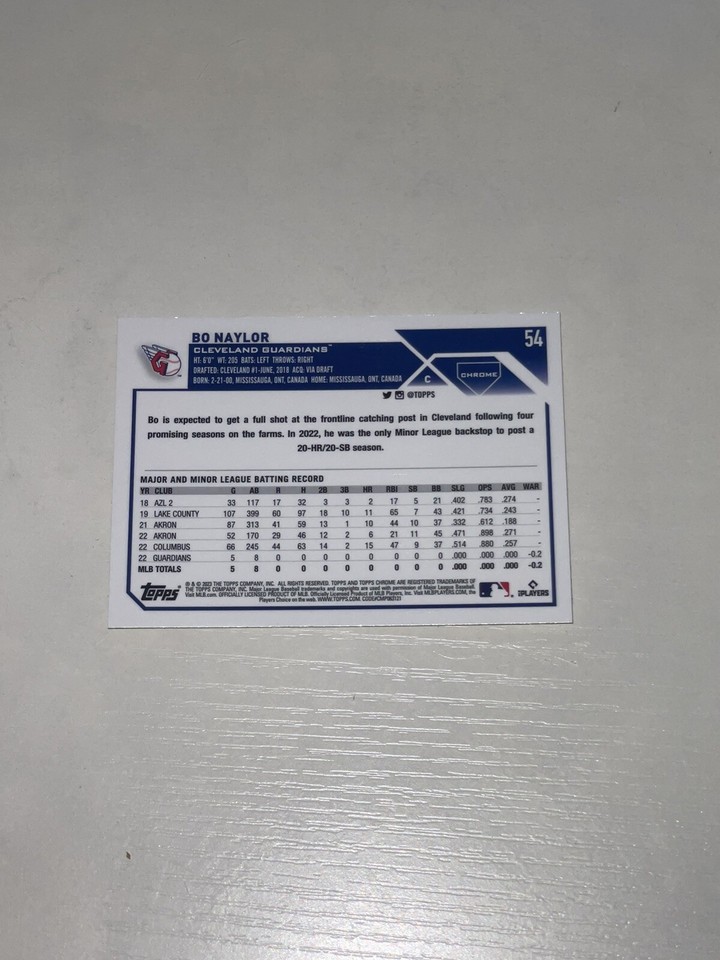 Bo Naylor RC 2023 Topps Chrome Rookie Card RC Cleveland Guardians #54 ...