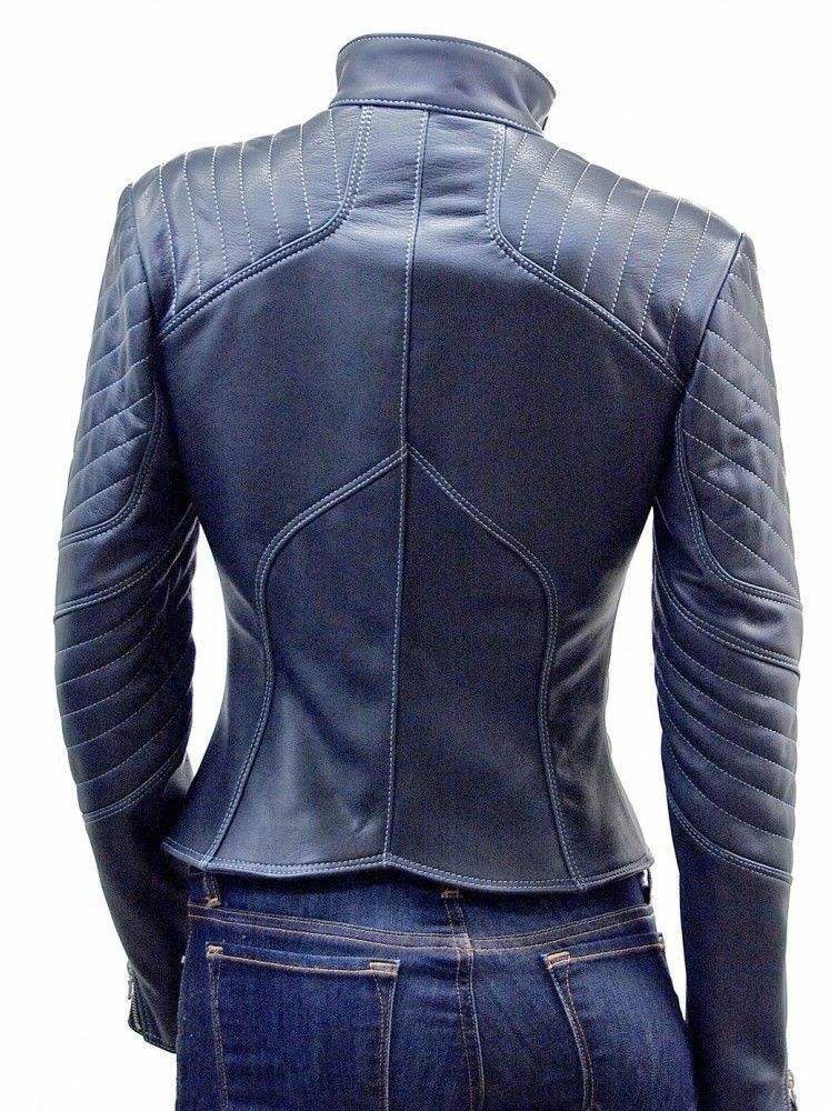 Leather Jacket Womens Size Biker Blue Motorcycle Lambskin Women's Coat ...