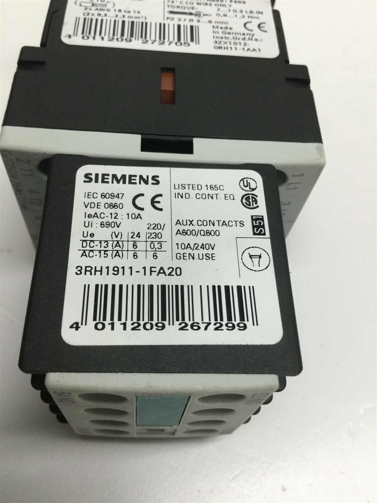 Siemens 3RT1016-1BB41 Motor Starter/Contactor 24VDC Coil 20A w/3RH1911 ...