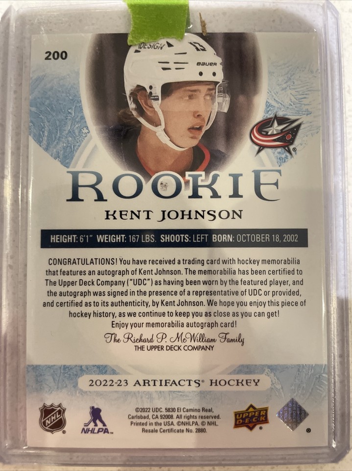 2022-2023 Kent Johnson 2022-23 artefacts double jersey AUTO ROOKIE/49 ...