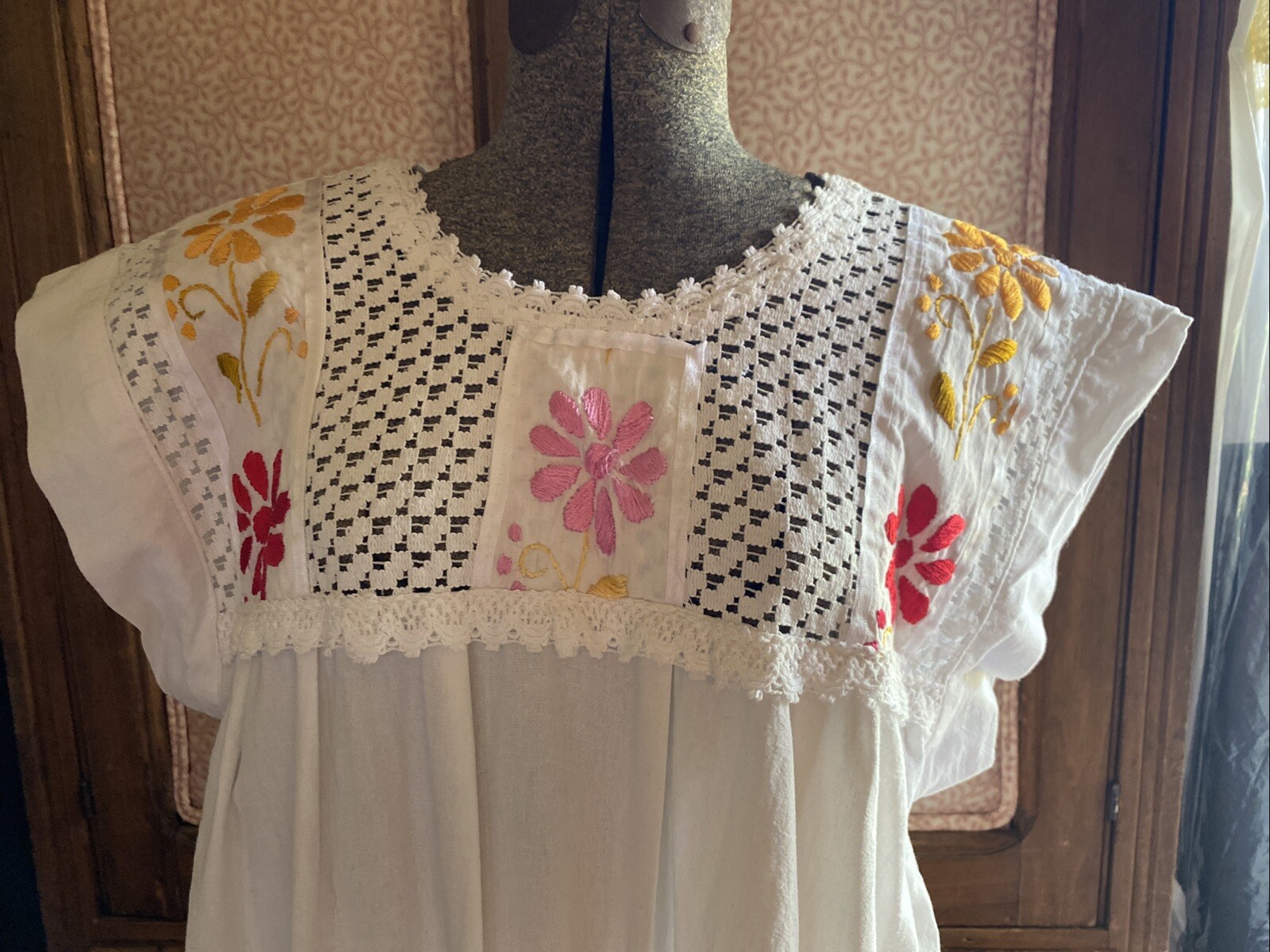 VTG Handmade Mexican Dress Folk Hippie BOHO White Cot… - Gem