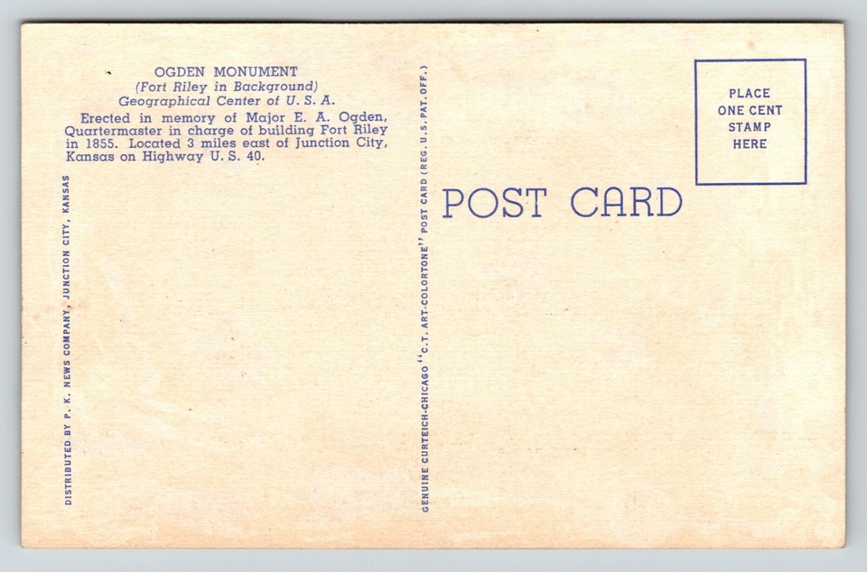 Postcard Ogden Monument Birds Eye View Fort Riley Geary Kansas VTG ...