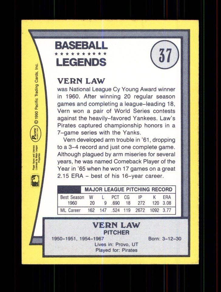 SIGNED 1990 PACIFIC BASEBALL LEGENDS #37 VERN LAW AUTOGRAPH ...