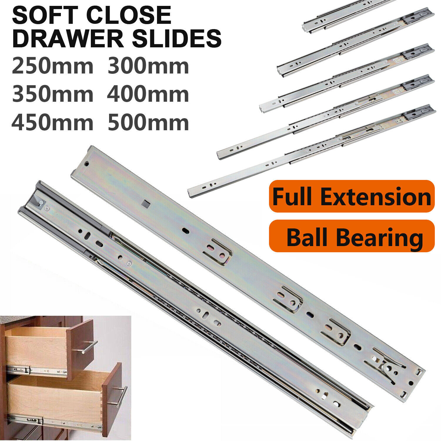 250mm-600mm Soft Close Draw Slide Drawer Runners Home Kitchen Bathroom ...