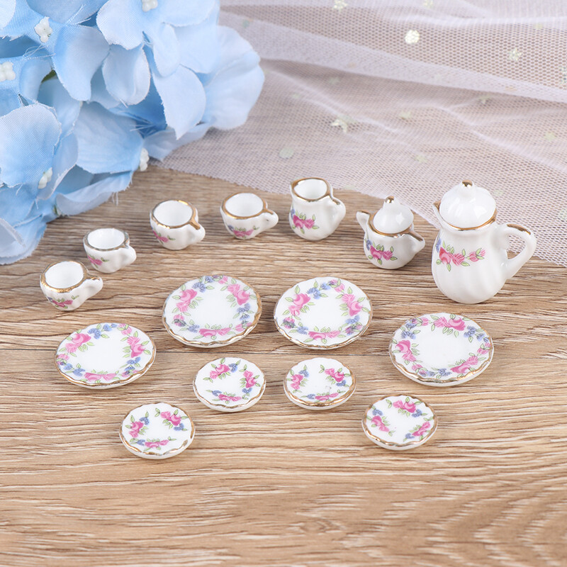15Pcs Dollhouse Miniature Tableware Porcelain Ceramic Coffee Tea Cups ...
