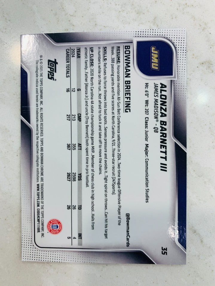 2025 Bowman University Chrome #35 Alonza Barnett III James Madison | eBay