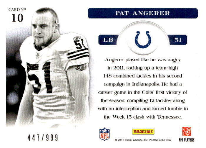 Pat Angerer 2012 Panini Elite HIT LIST /999 10 SN49 Hit List Black | eBay