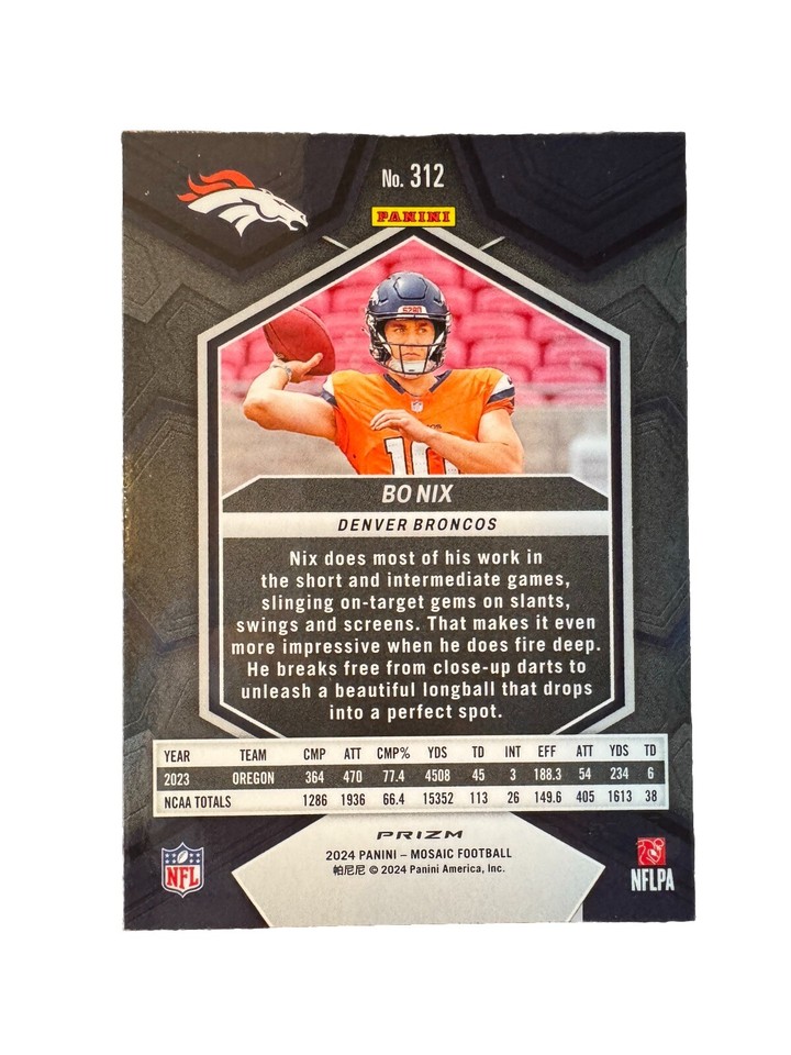 2024 Panini Mosaic Bo Nix Rookie Reactive Yellow Prizm Denver Broncos ...