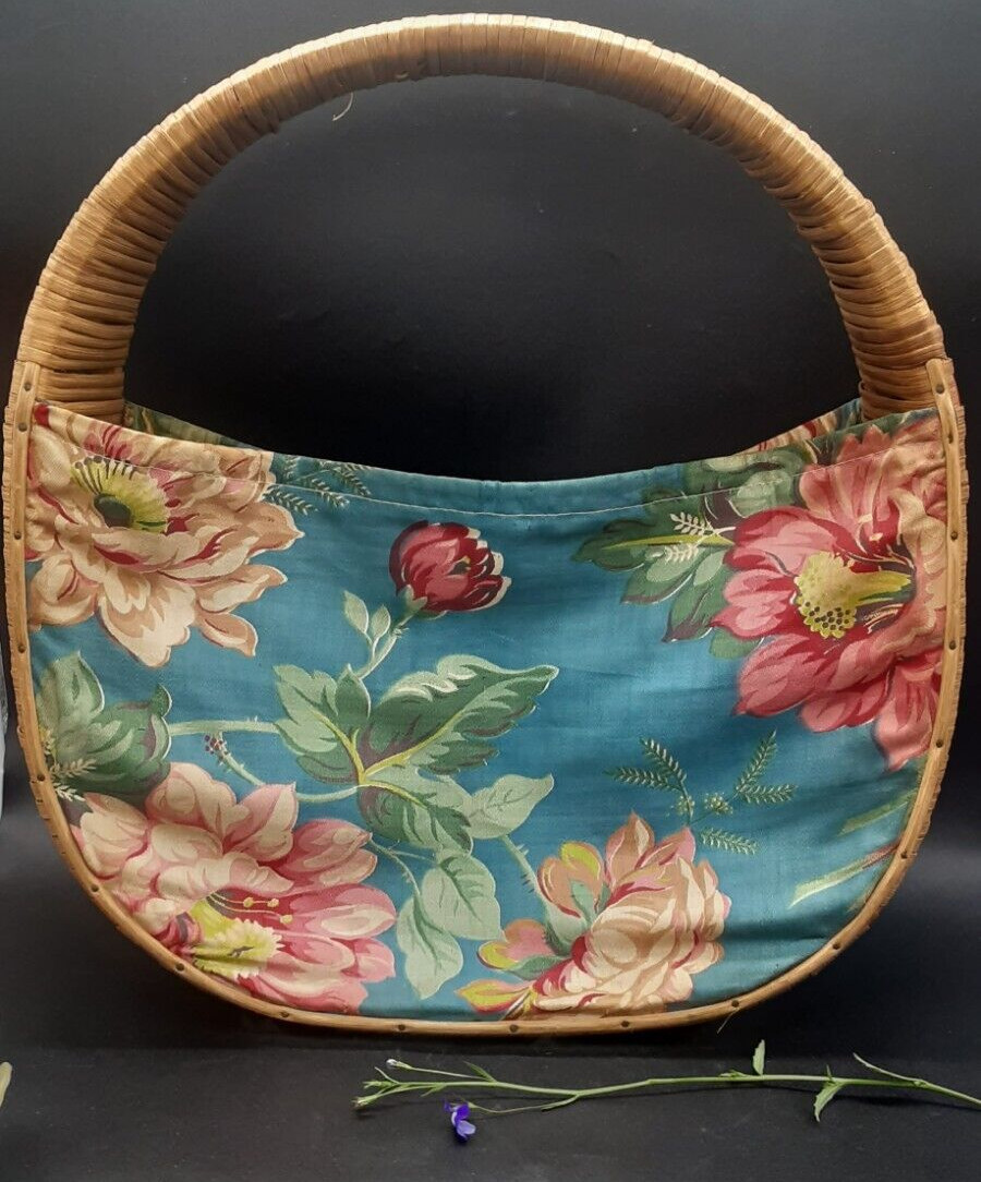 1940s Vintage Pretty Rattan Wicker & Barkcloth Fabric… - Gem