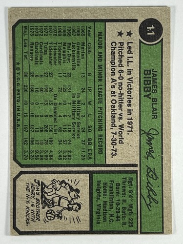 1974 Topps Jim Bibby Texas Rangers #11 VG-EX Free Shipping | eBay