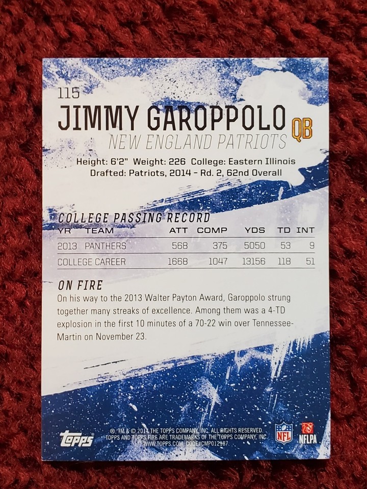 🔥2014 Topps Fire Jimmy Garoppolo Rookie Card #115..NM-MT🔥 | eBay