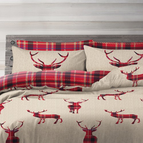 Tartan Check Duvet Cover Bedding Set Stag Tartan Red Poly Cotton Quilt ...