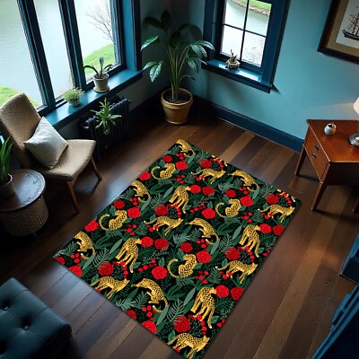 Leopard Palm Leaf Red Rose Jungle Theme Rug Carpet Bold Animal Print | eBay
