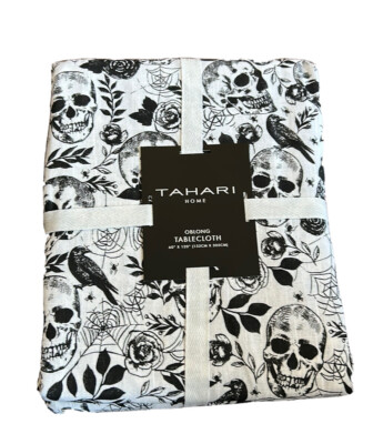 Tahari Halloween Tablecloth Skull Floral Crows Spiderweb 60”x120” Black ...