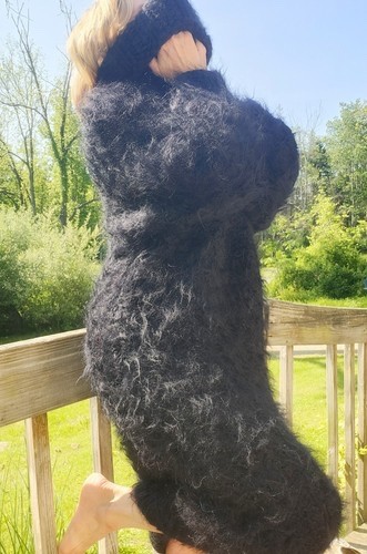 Black mohair extra fuzzy long hair black hand knit sweater dress LARGE ...