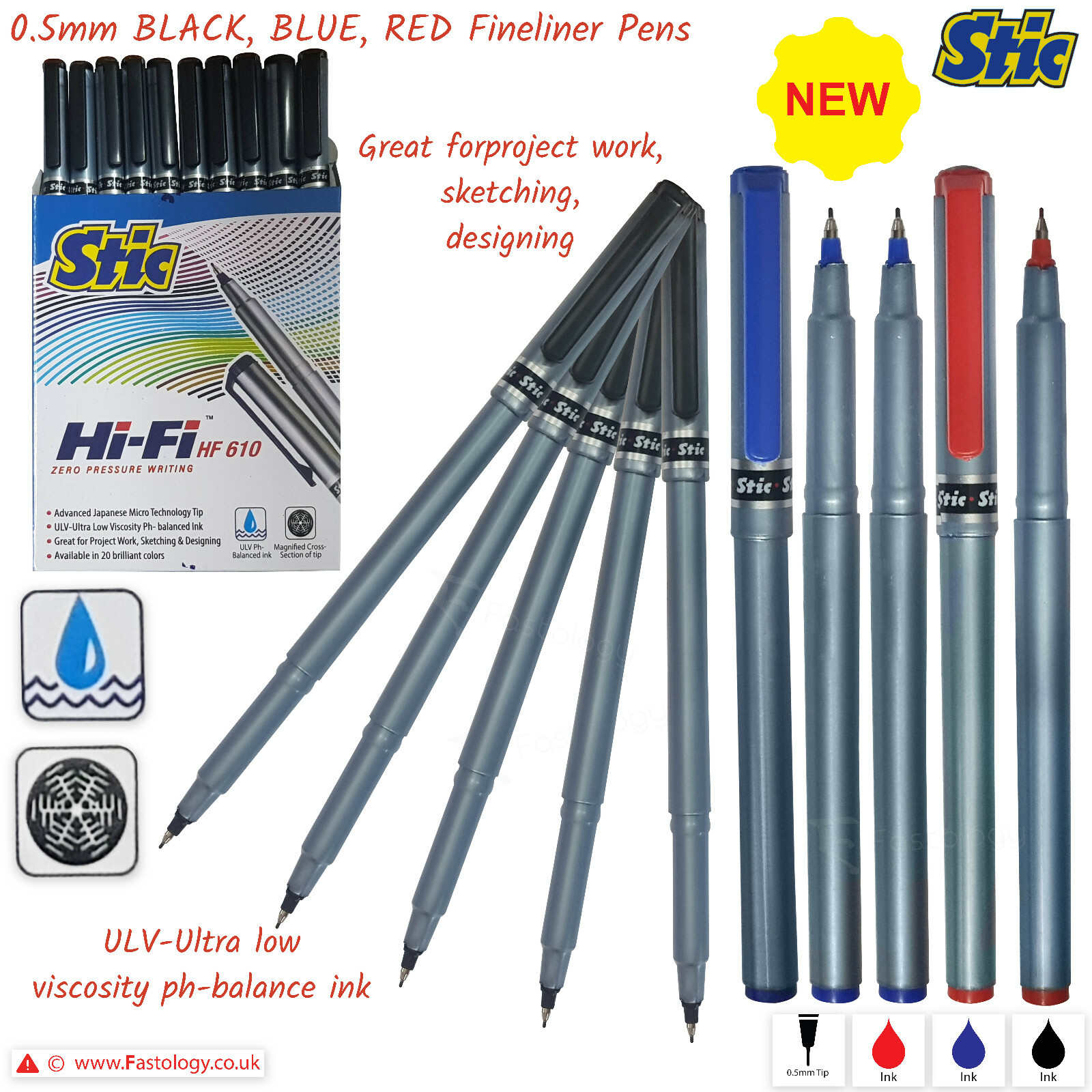 STIC HF-610 10 x 0.5mm Fine BLACK BLUE RED Fineliner Pens Write Sketch ...