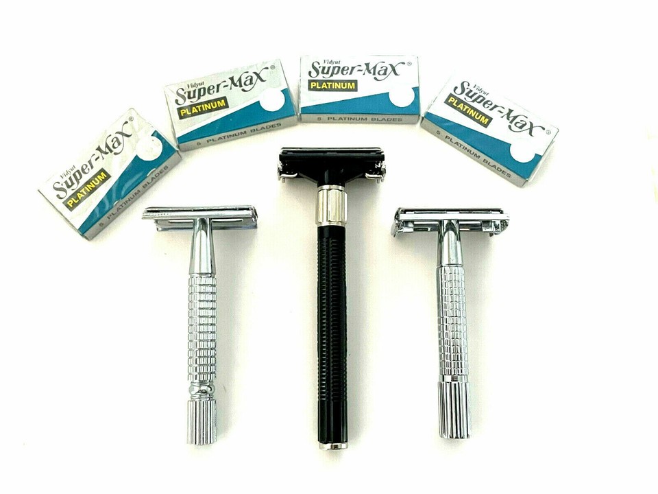 3 PCS OLD FASHION VINTAGE CLASSIC SAFETY RAZORS + 20 RAZOR BLADES GIFT ...
