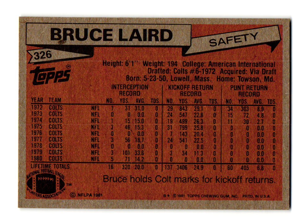 1981 Topps Bruce Laird Football Card #326 Baltimore Colts | eBay