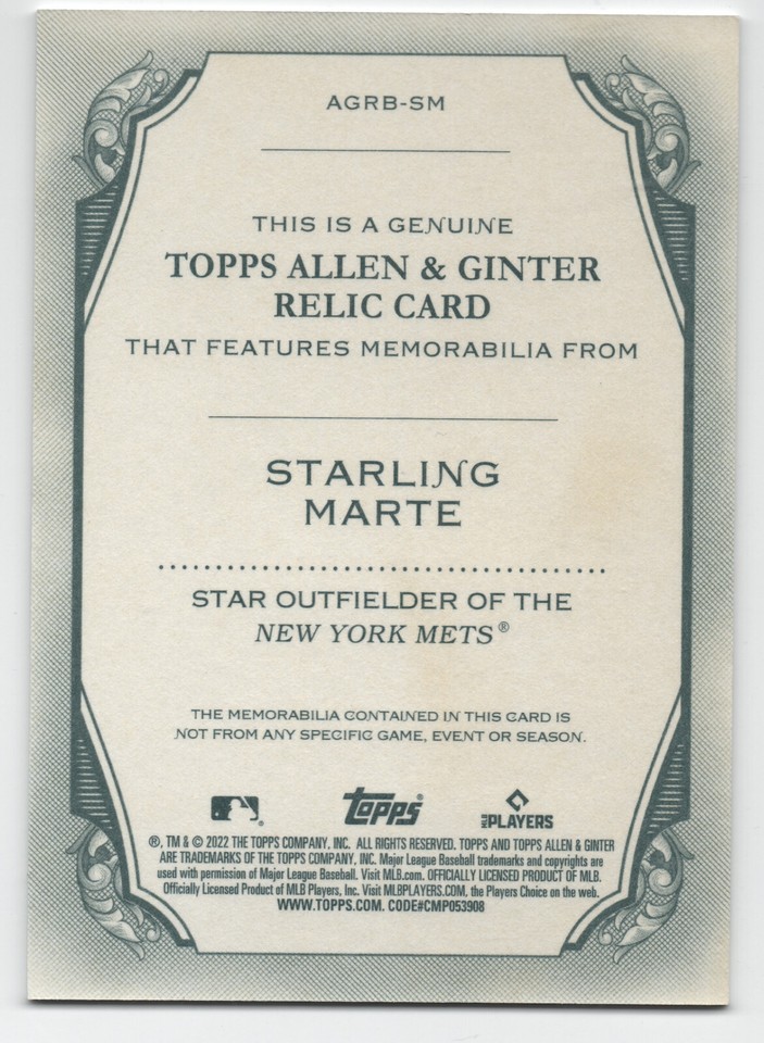2022 Allen Ginter Starling Marte Full Sized Bat Relic B #AGRB-SM New ...
