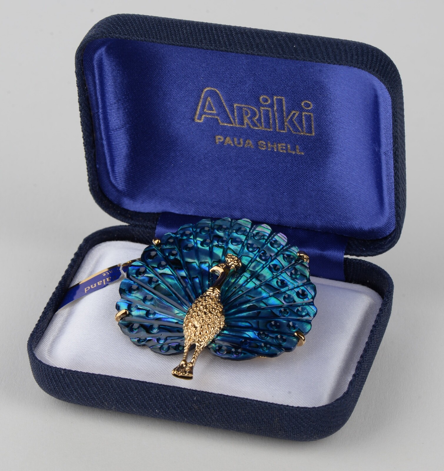Vintage Ariki Paua Shell Gold Plated Blue Carved Peac… - Gem