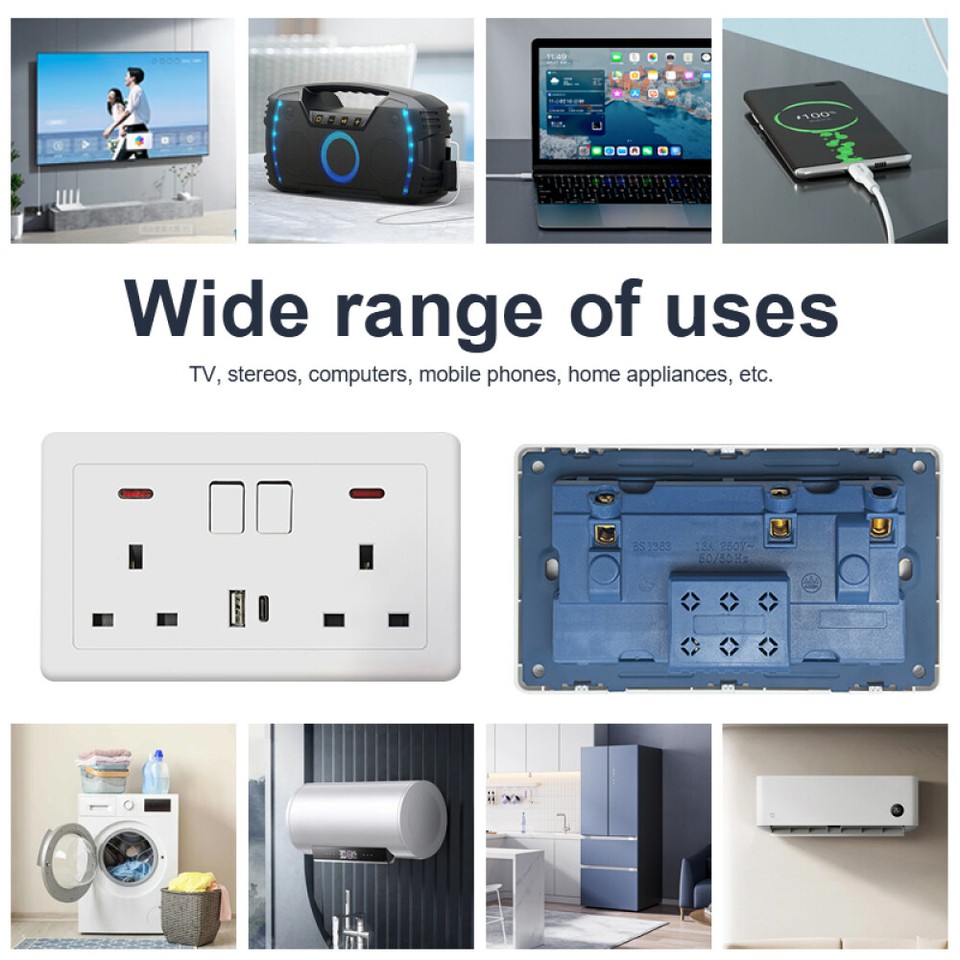 1/2/5X Double Wall Plug Socket 2 Gang 13A With 1 USB+PD Port Outlets ...