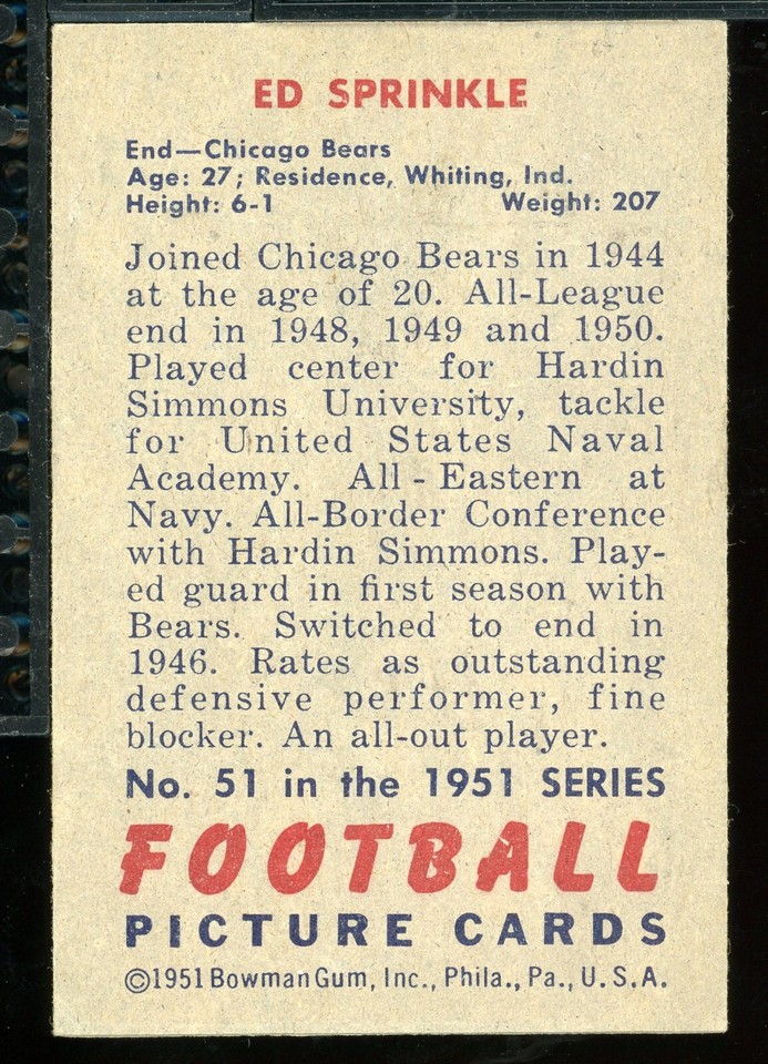 1951 Bowman #51 Ed Sprinkle – Rookie – Chicago Bears. | eBay