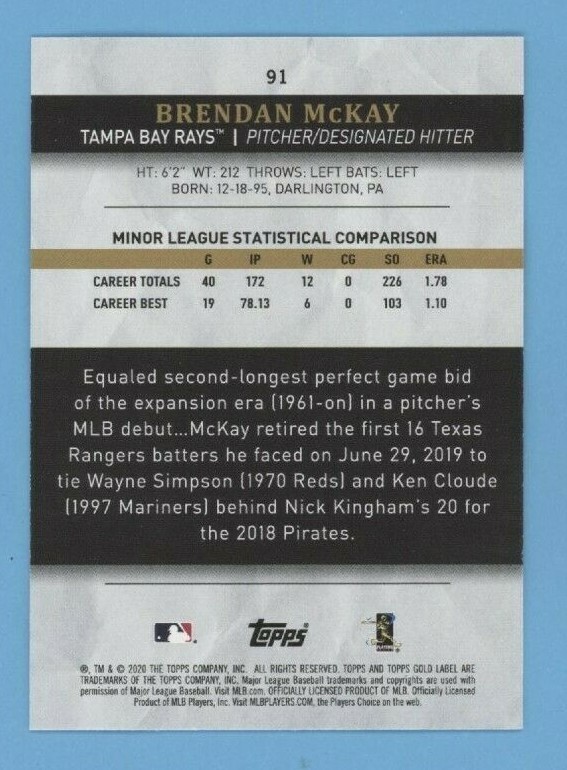 Brandon McKay 2020 Topps Gold Label CLASS 1 BLACK PARALLEL Rookie Card ...