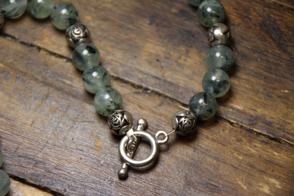 Prehnite Light Green Natural Gemstone Necklace 10mm Ball & Rose bud ...