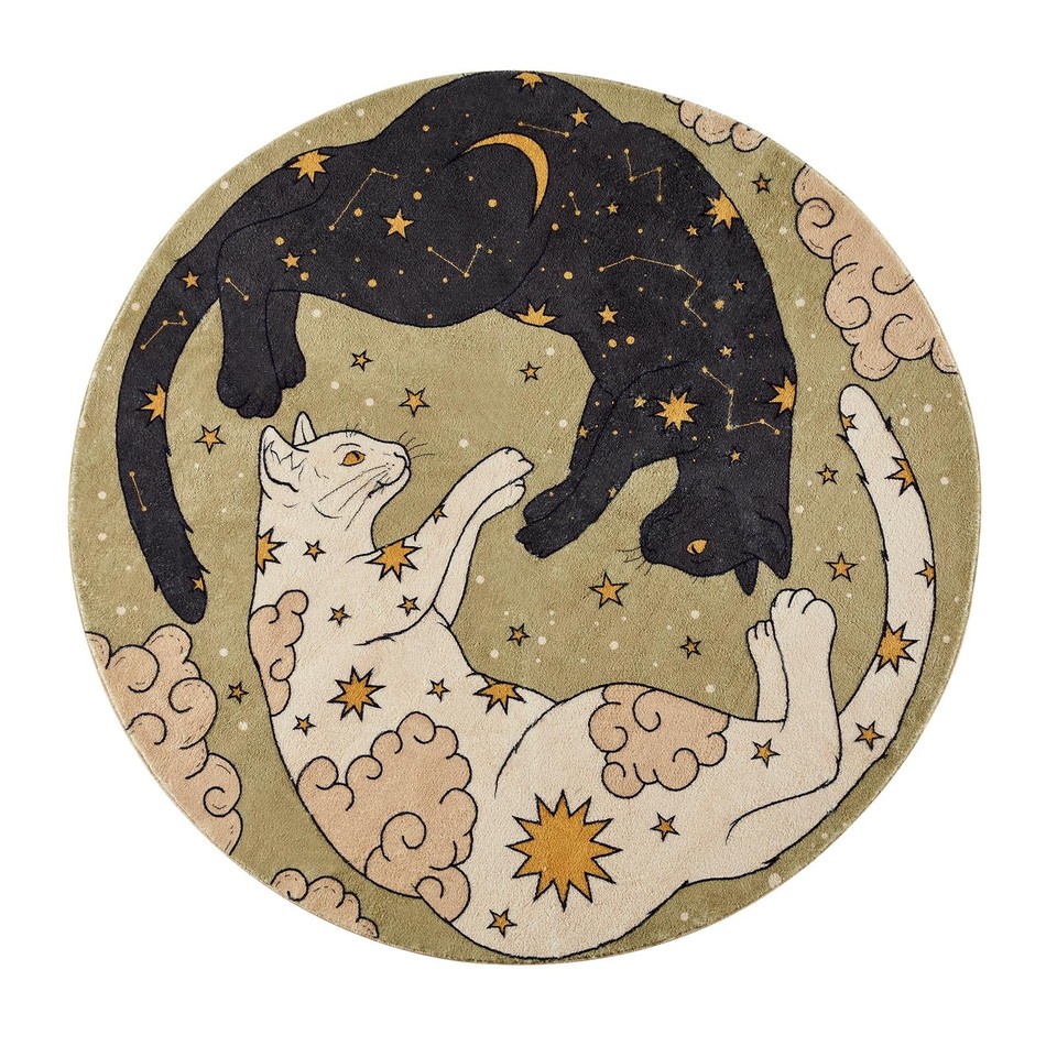 Washable Mystical Cat Rug, Vintage Retro Abstract Celestial Zodiac 5ft ...